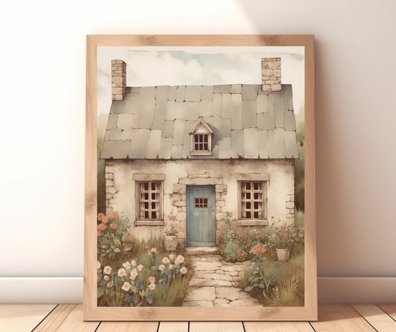 Vintage Stone House Print, Stone House Cottage Painting French ...