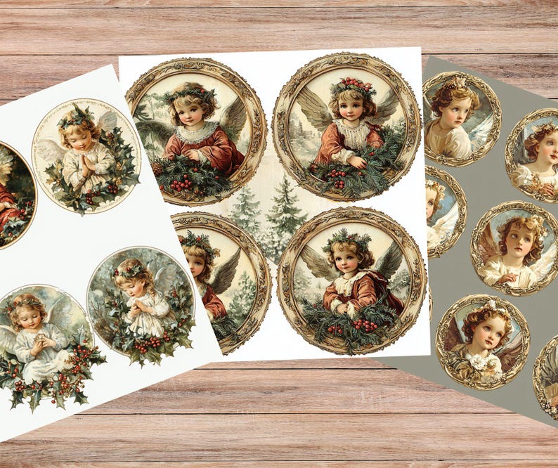 Victorian Christmas Angels Round Images Fussy Cut, Digital Printable ...