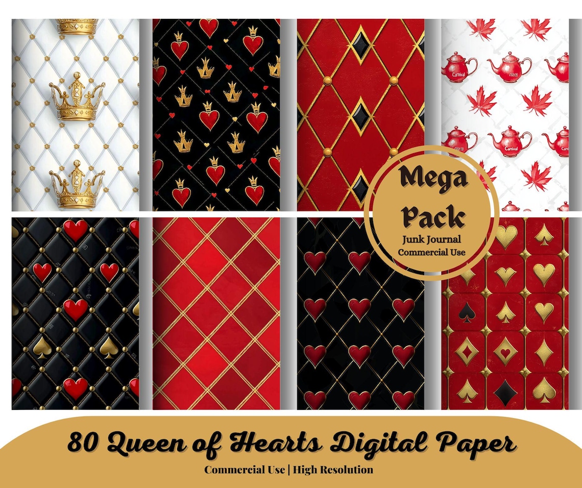 Queen of Hearts Digital Paper, Royal Heart Patterns With Harlequin ...