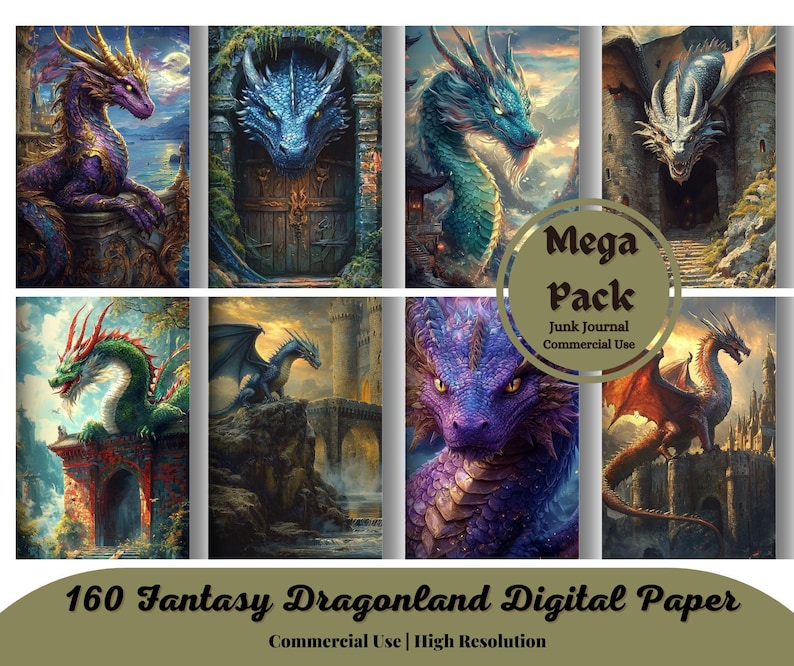 Printable Fantasy Dragonland Digital Paper, Magical Mystery Dragon ...