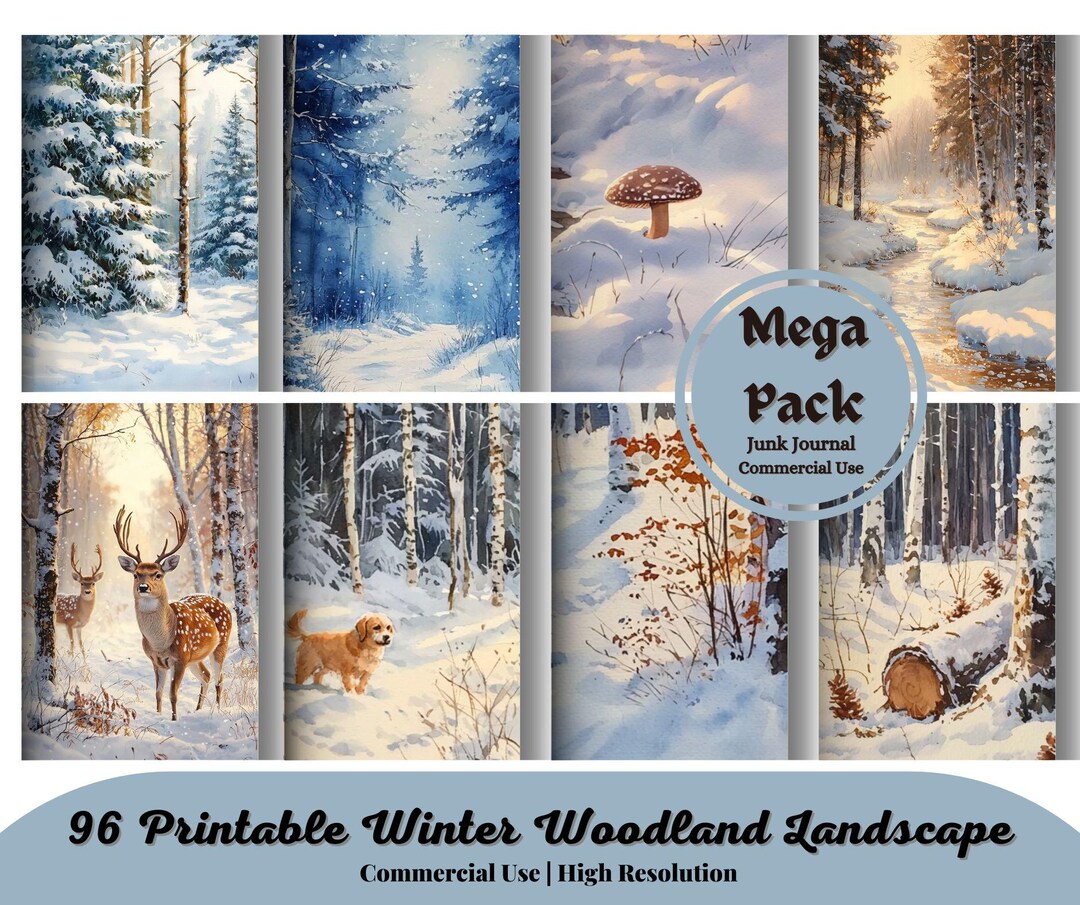 Printable Winter Woodland Landscape Digital Paper, Winter Wonderland ...