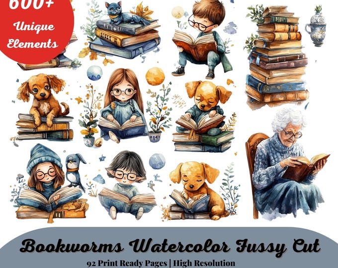 Watercolor Pink Green Bookworm Clip Art Bundle, Bookshelf, Book Lover ...