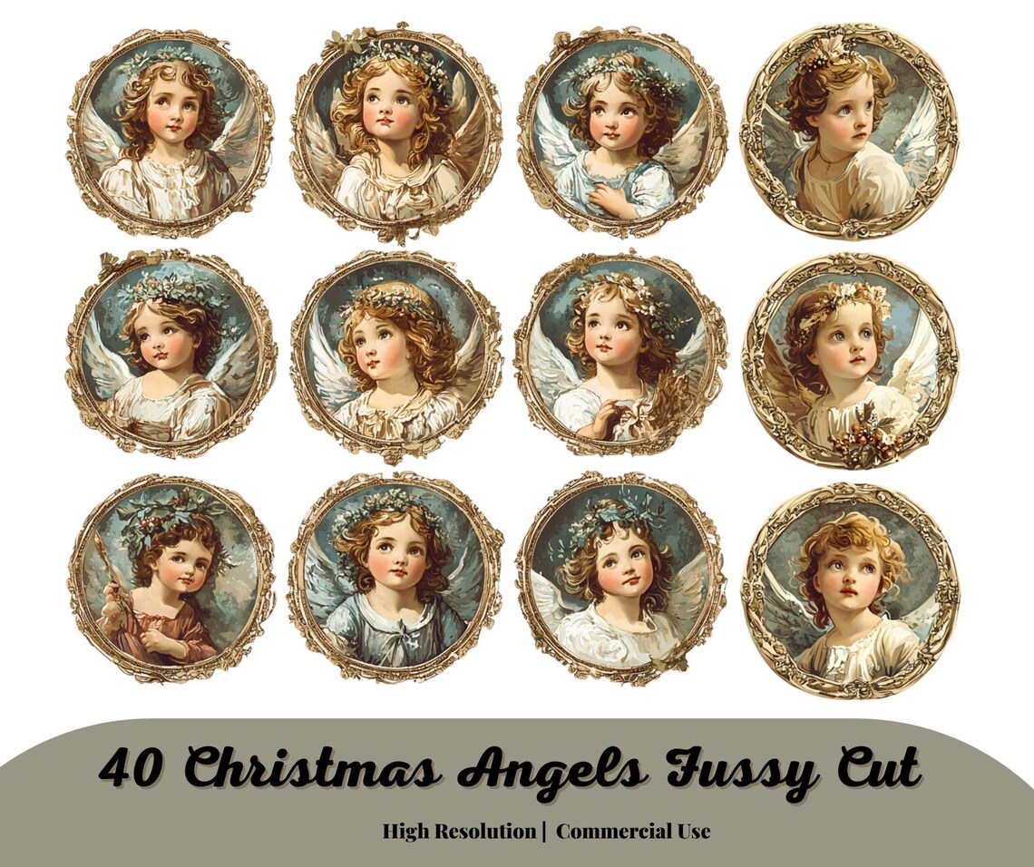 Victorian Christmas Angels Round Images Fussy Cut, Digital Printable ...
