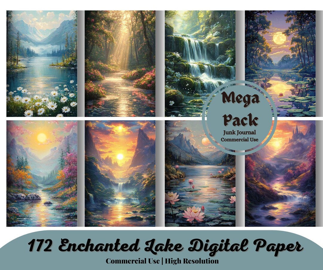Printable Enchanted Lake Digital Paper, Forest Lake Background ...