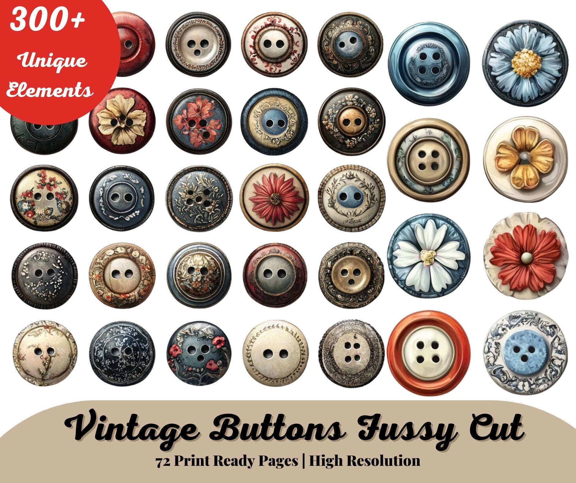 VINTAGE BUTTONS Fussy Cut Junk Journal Elements, Scrapbooking Ephemera ...