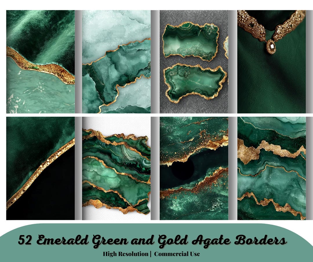 Emerald Green and Gold Agate Borders, Digital Geode Image Overlays With ...
