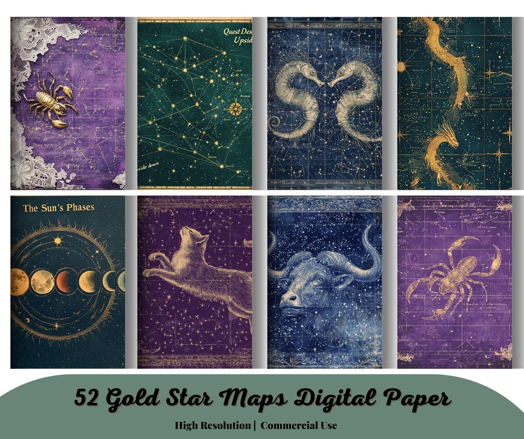 Gold Star Maps Digital Paper, Printable Scrapbook Paper, Antique ...