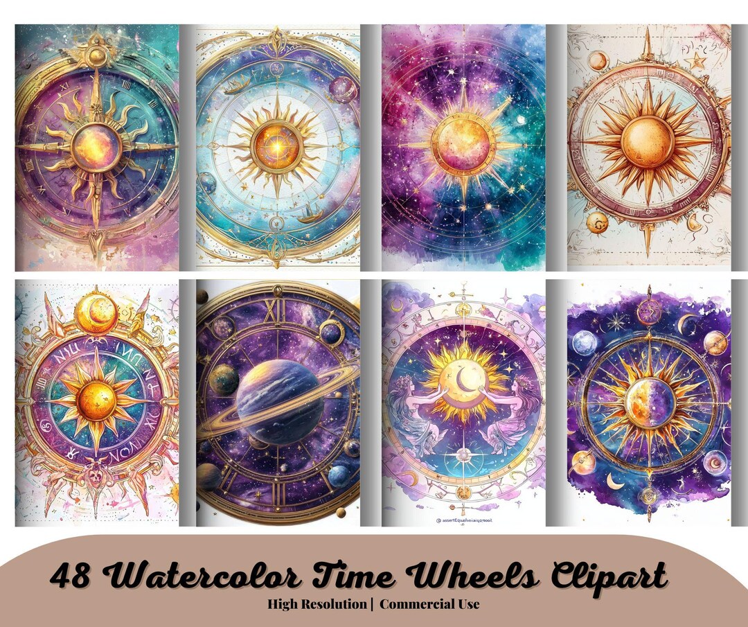 Watercolor Time Wheels Clipart, Fantasy Magic Celestial Watercolor PNG ...