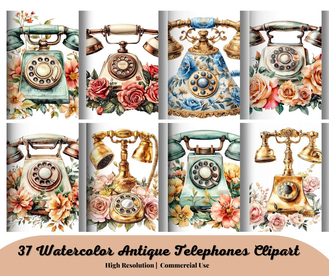 Watercolor Antique Telephones Clipart, Vintage Floral Shabby Phone PNG ...