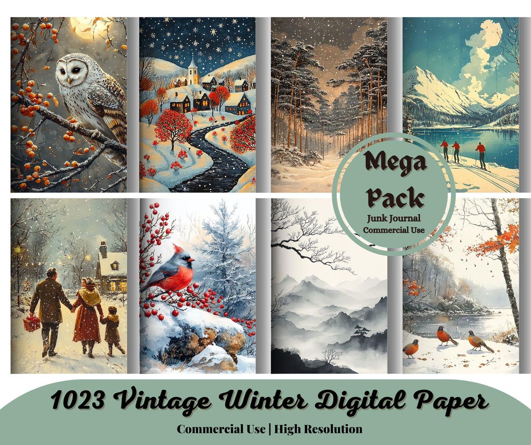 Printable Vintage Winter Digital Paper, Winter Wonderland Ephemera ...