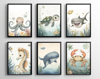 Neutral Under the Sea Nursery Prints, Nautical Ocean Animal Posters ...
