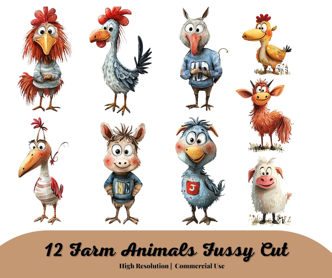Whimsical Farm Animals Fussy Cut, Mixed Media Quirky Animals Clip Art ...