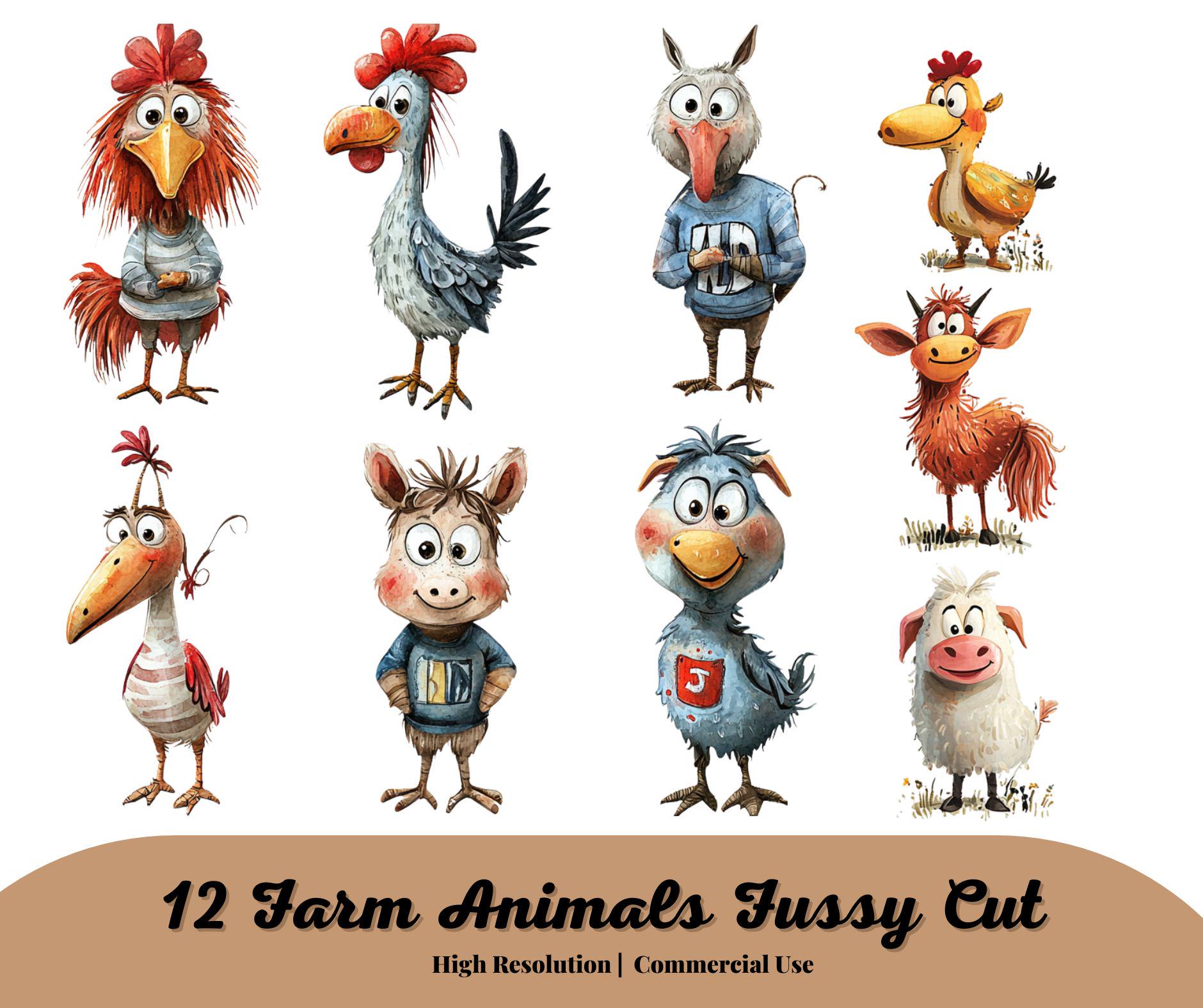 Whimsical Farm Animals Fussy Cut, Mixed Media Quirky Animals Clip Art ...