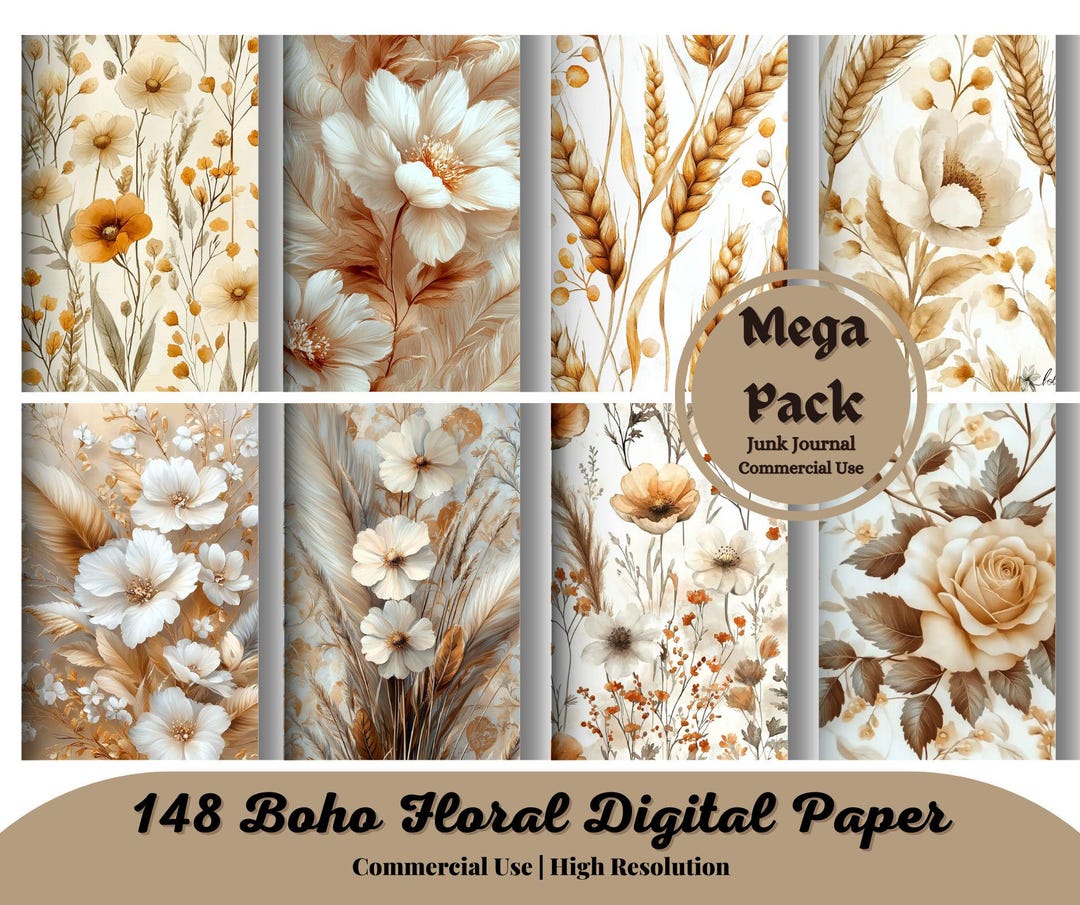 Seamless Boho Floral Digital Paper, Elegant Boho Flowers Seamless ...