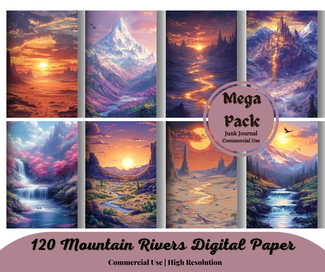 Printable Mountain Rivers Digital Paper, Forest River Background ...