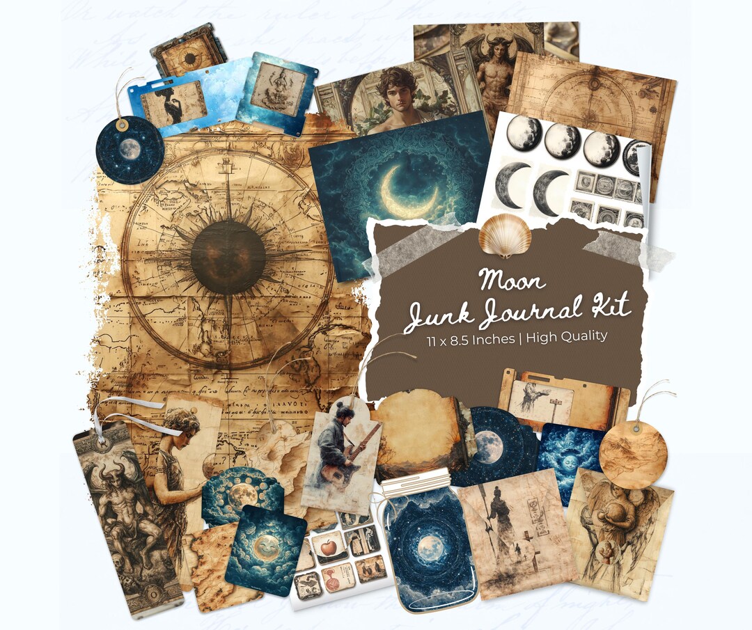 Moon Junk Journal Kit, Printable Pages With Ephemera, Cover, Tags ...