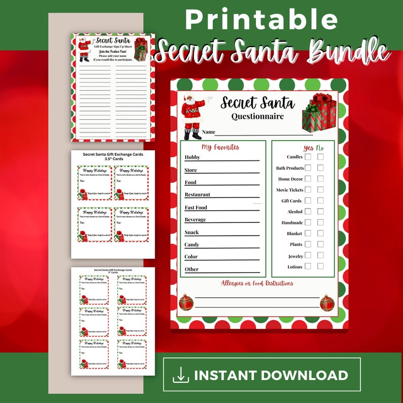 Printable Secret Santa Questionnaire Bundle, Black Santa Claus Theme ...