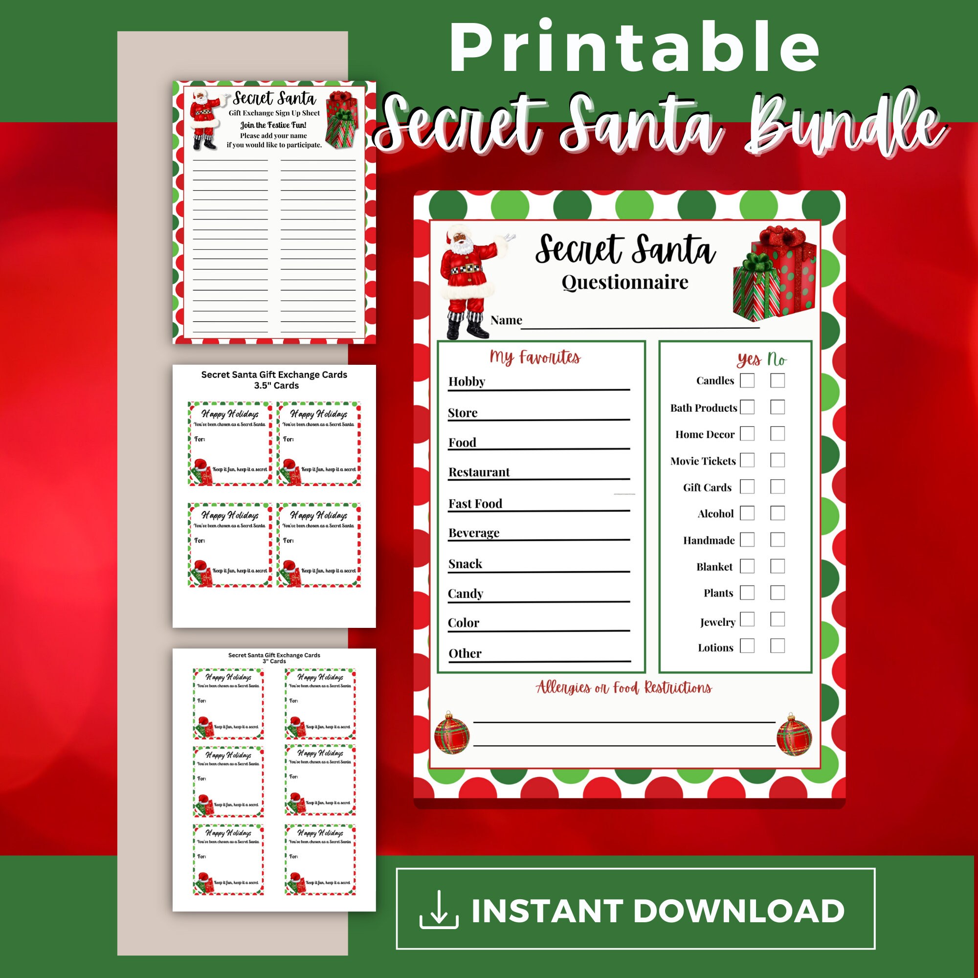 Printable Secret Santa Questionnaire Bundle, Black Santa Claus Theme ...