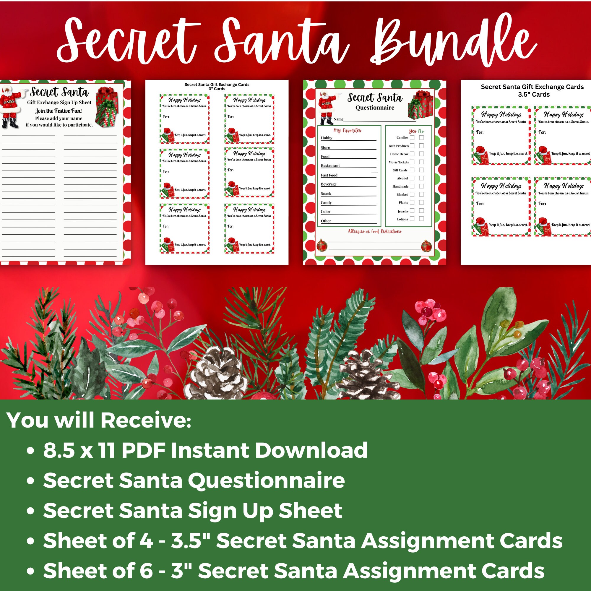 Printable Secret Santa Questionnaire Bundle, Black Santa Claus Theme ...