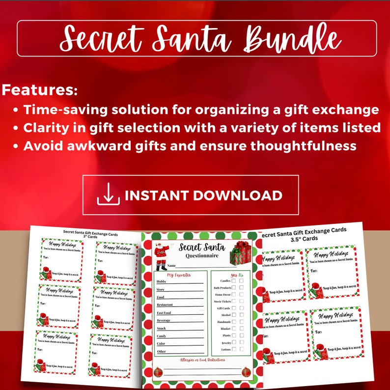 Printable Secret Santa Questionnaire Bundle, Black Santa Claus Theme ...