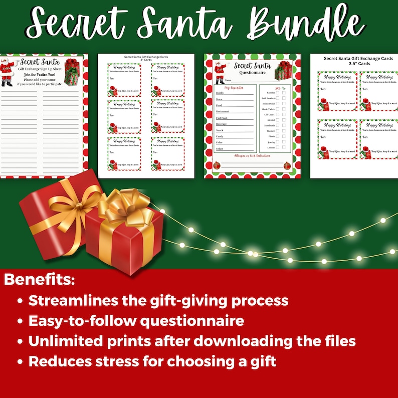 Printable Secret Santa Questionnaire Bundle, Black Santa Claus Theme ...
