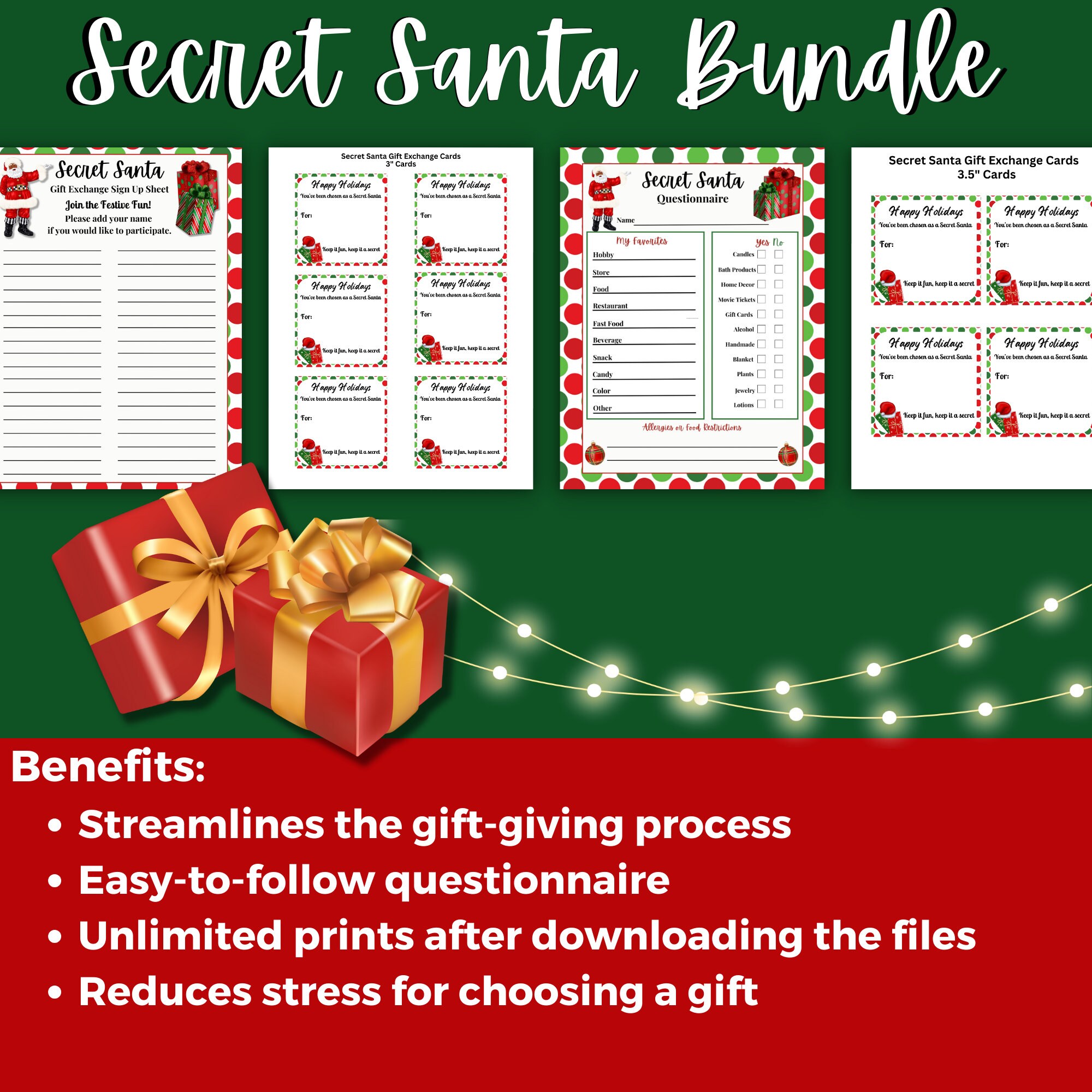 Printable Secret Santa Questionnaire Bundle, Black Santa Claus Theme ...