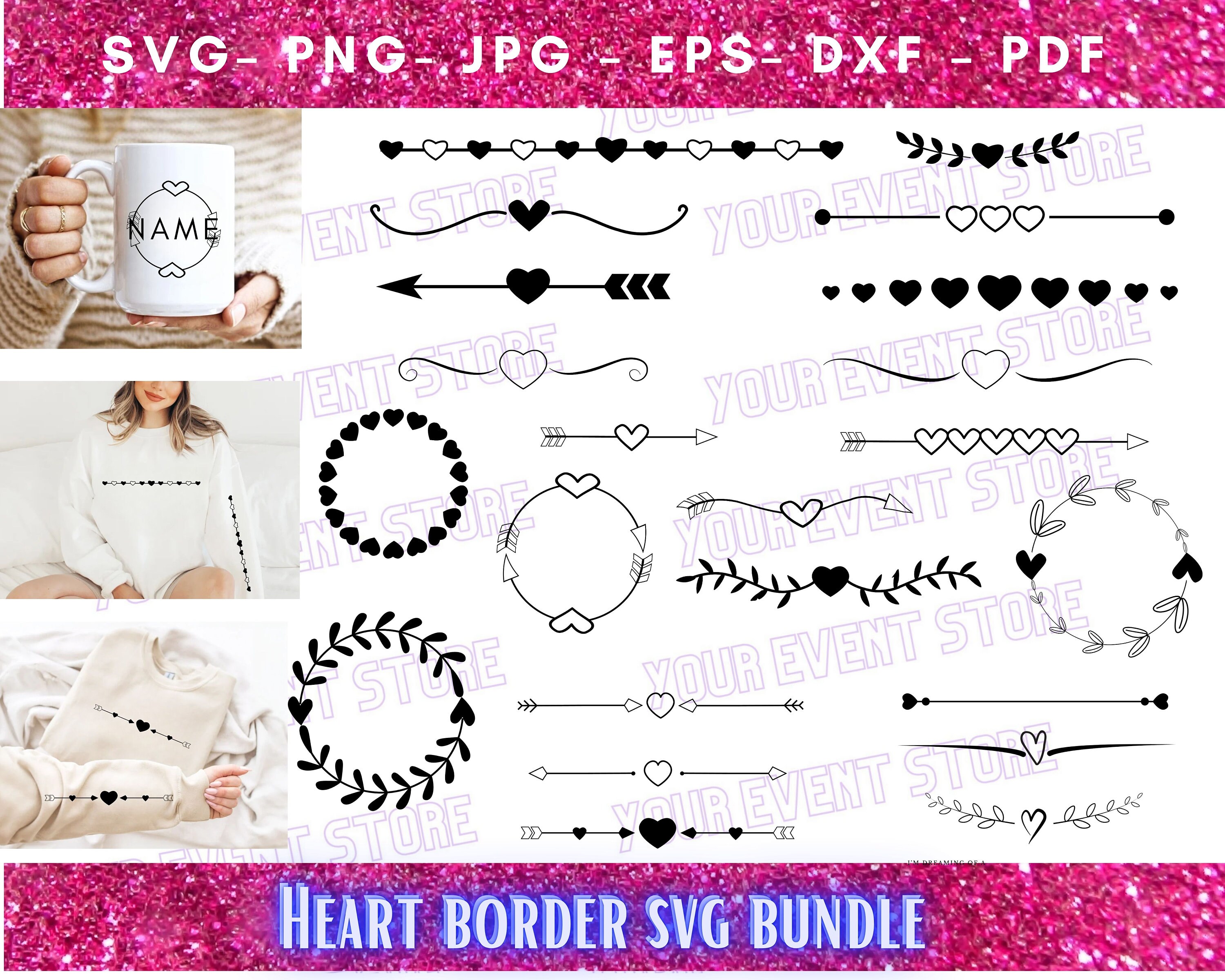 Heart Border Svg Bundle, Heart Text Divider Svg, Heart Svg, Heart ...