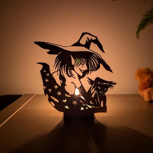 Witch With Her Cat Tealight Holder Halloween Shadow Decor Lantern ...