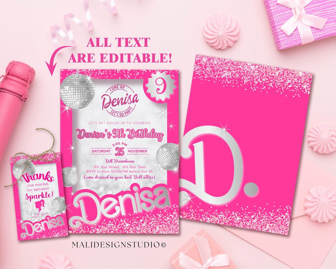 Disco Pink Glitter Doll Box Birthday Invitation, Editable Printable Hot ...