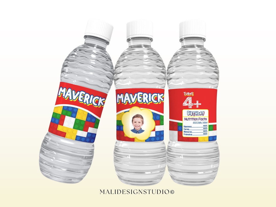 Editable Printable Red Building Blocks Birthday Water Bottle Colorful ...
