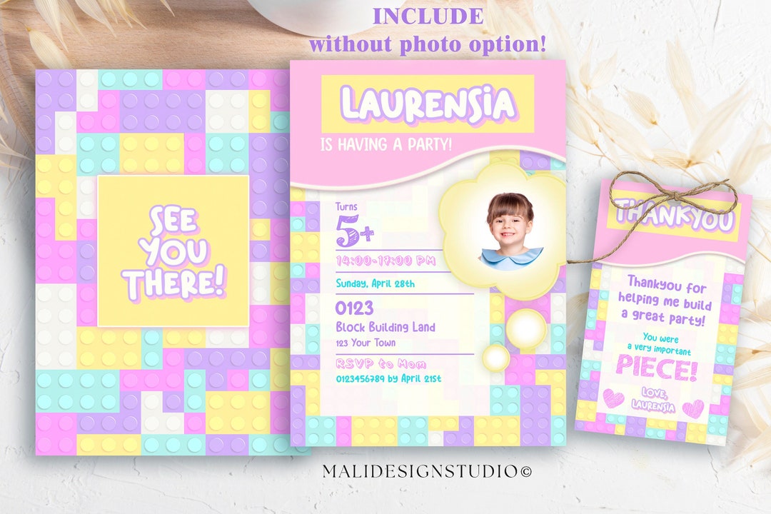 Editable Printable Pink Girl Blocks Photo Birthday Invitation, Build ...