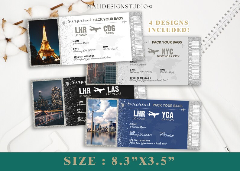 Editable Silver Glitter Boarding Pass, Flight Surprise Gift, Surprise ...