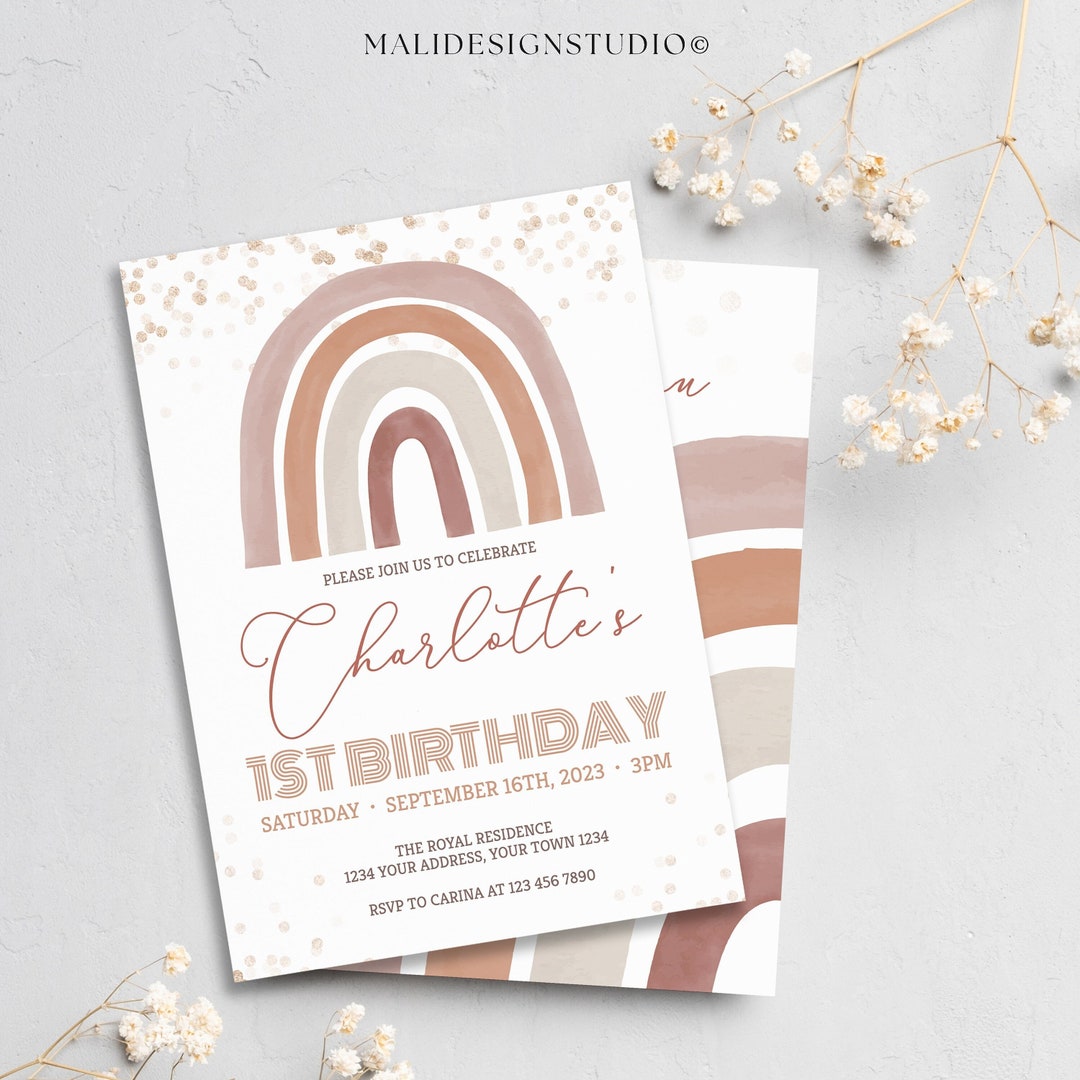 Beige Rainbow Kids Birthday Invitation Editable Printable Slide to ...