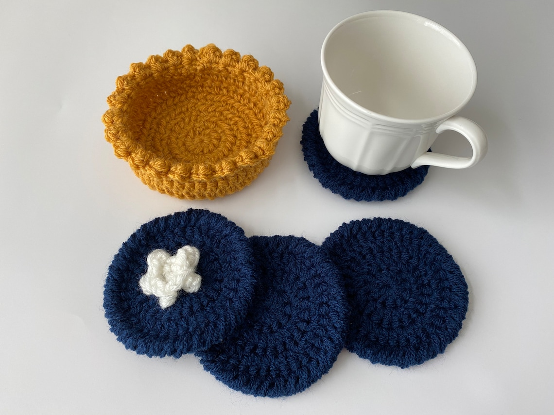 BLUEBERRY PIE Crochet Coaster Set of 5, Cute Handmade Housewarming ...