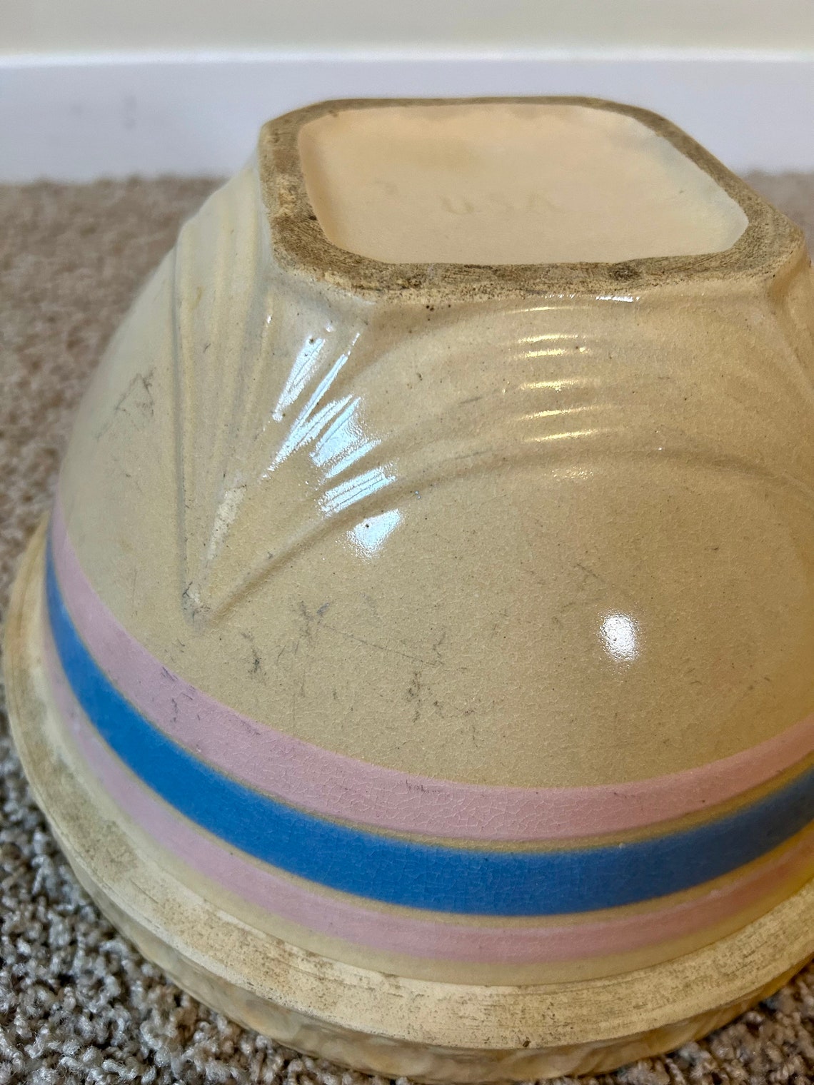 Mccoy Yellow Ware Pink & Blue Stripe Square Bottom Pie Crust Rim Mixing ...