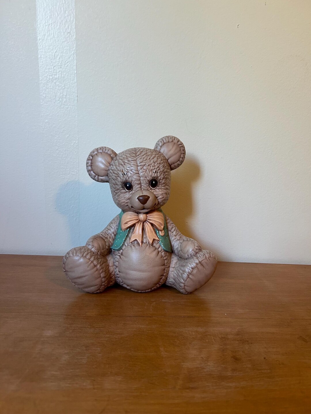 Vintage Homemade Ceramic Teddy Bear Bank With Vest and Bow - Etsy
