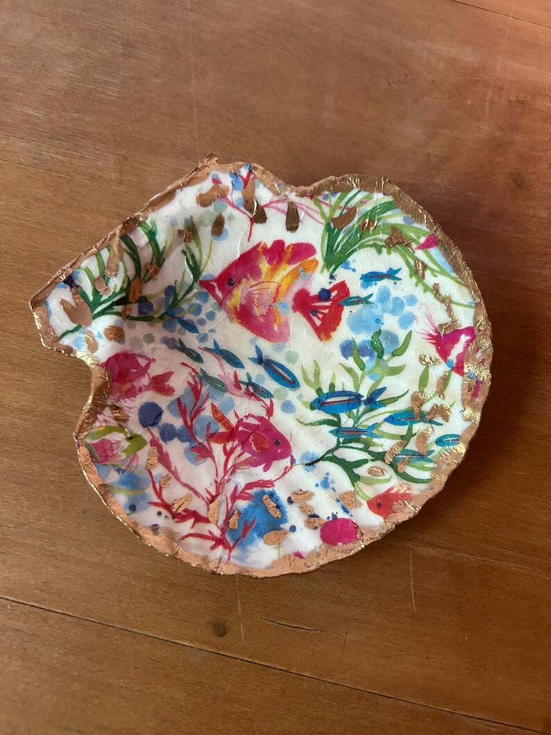 Decoupage Scallop Shell Trinket Dish: Tropical Fish Coastal Decor - Etsy