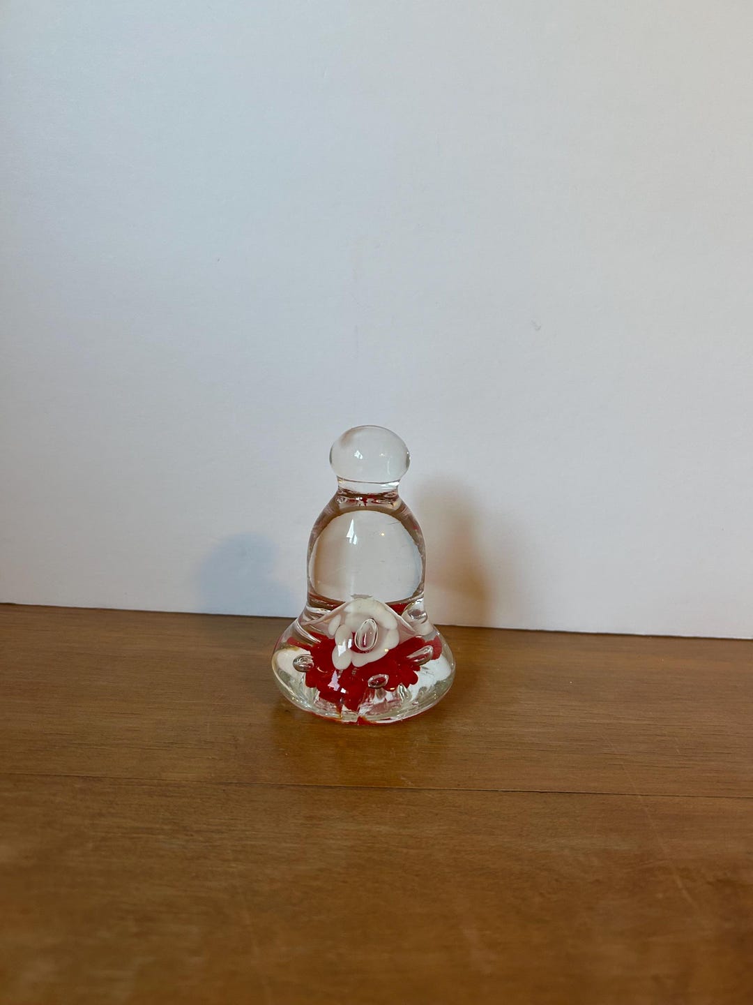 Joe St Clair Paperweight 4" Glass Bell Red White Flowers Mid Century ...