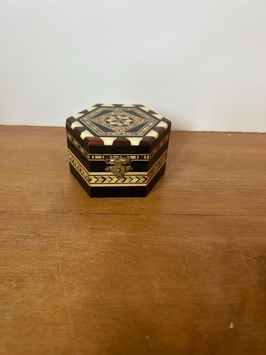 Spanish Lacquered Wood Inlay Jewelry/trinket Box Hexagon Laguna Granada ...