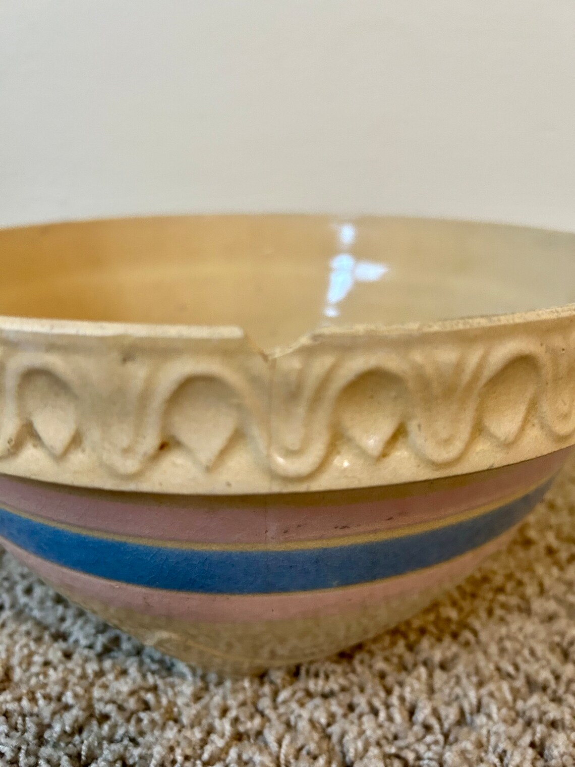 Mccoy Yellow Ware Pink & Blue Stripe Square Bottom Pie Crust Rim Mixing ...
