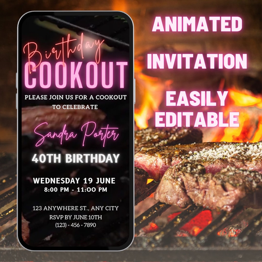 Birthday Cookout Invitation Animated in Pink. Digital Backyard Summer ...