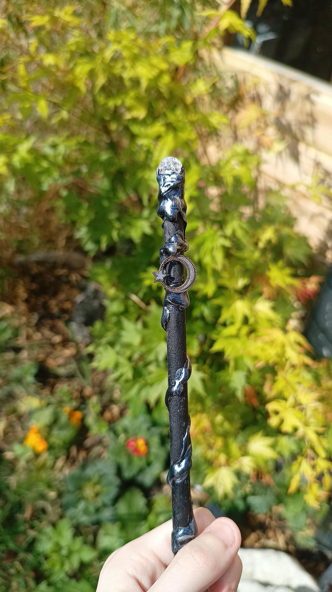 Quartz Crystal Ball Wand, Gothic Crescent Moon Handmade Gift, Mystical ...