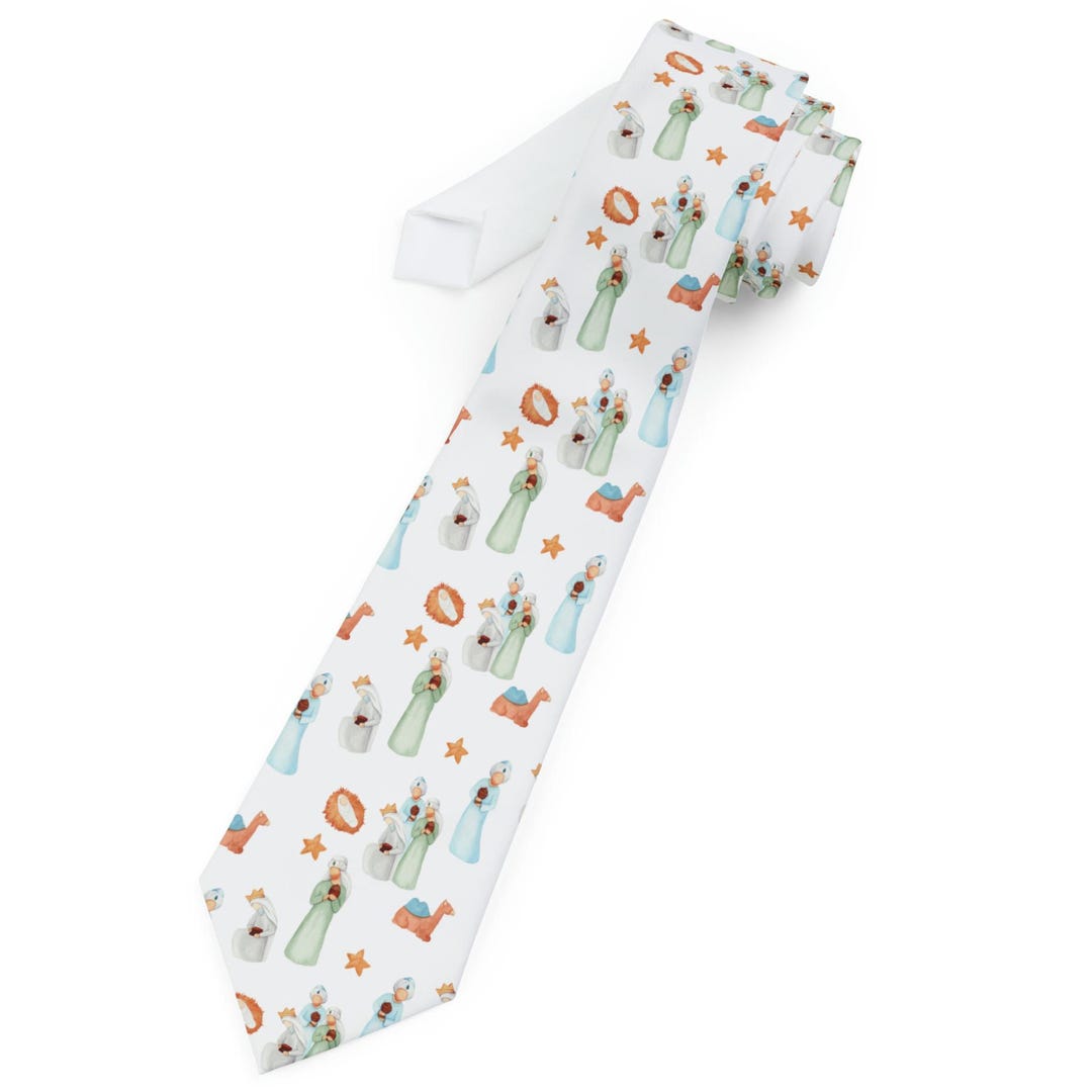 Men's White Nativity Pattern Christmas Tie | Christmas Tie | Christian ...
