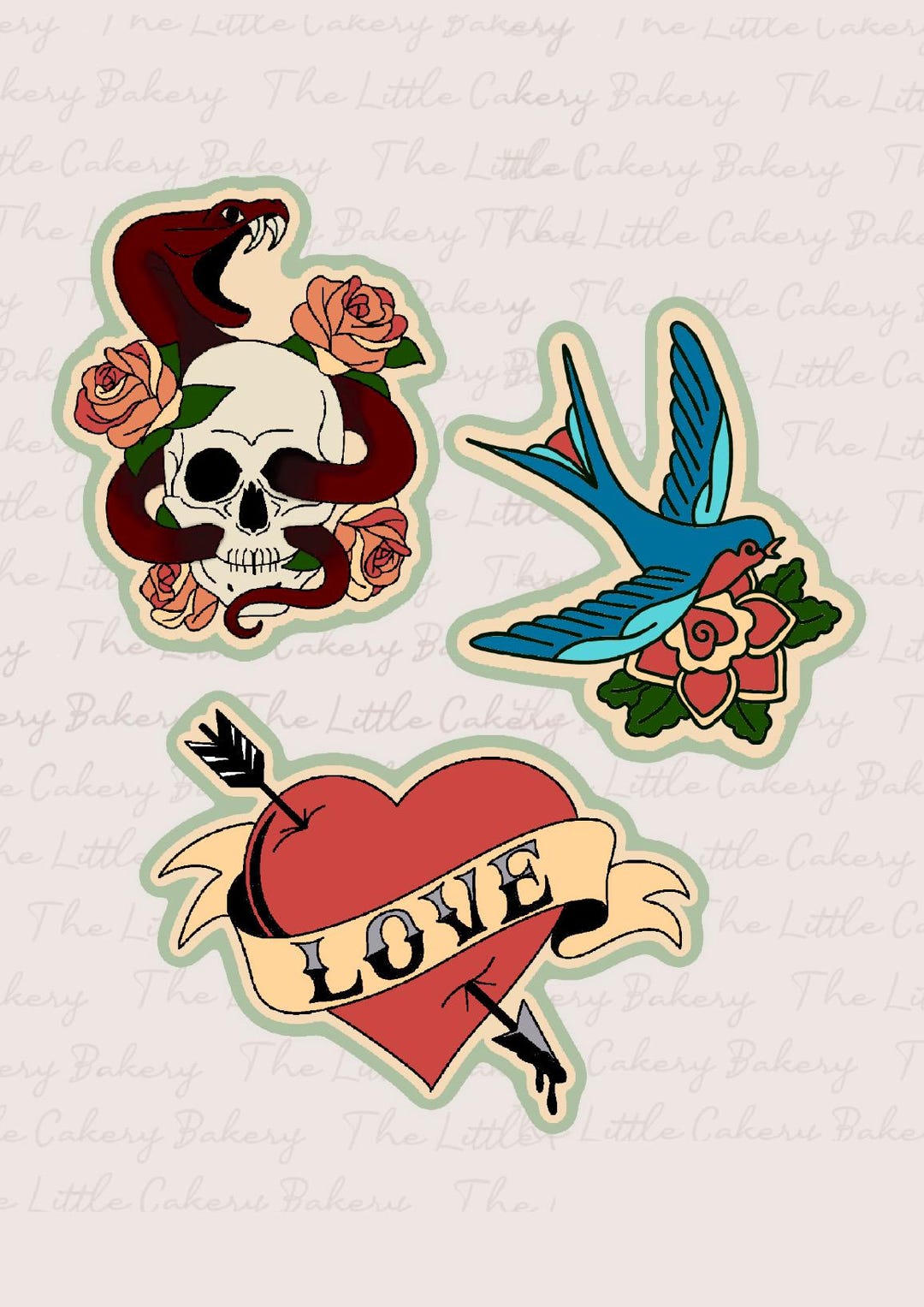 Tattoo Cookie Cutter Set, Traditional Tattoos, Set of 3 Cookie Cutters ...