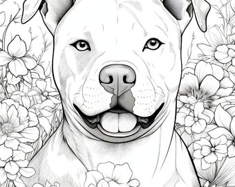 Floral Pittie Puppy Coloring Page - Etsy