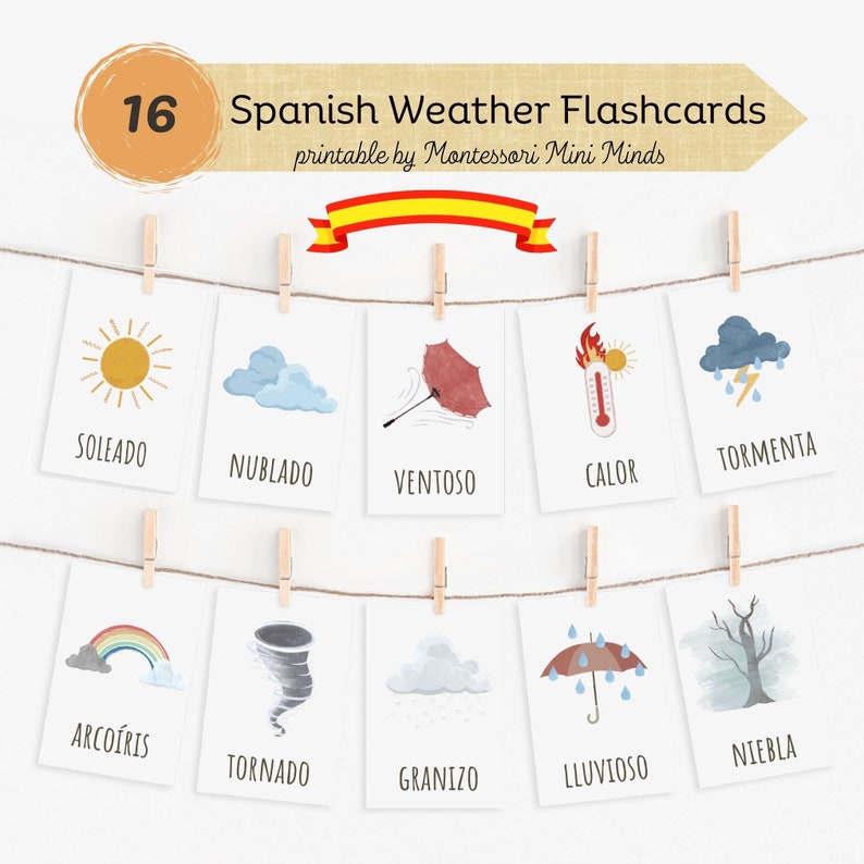 Spanish Weather Vocabulary, 16 Montessori Cards, Weather Flash Cards ...