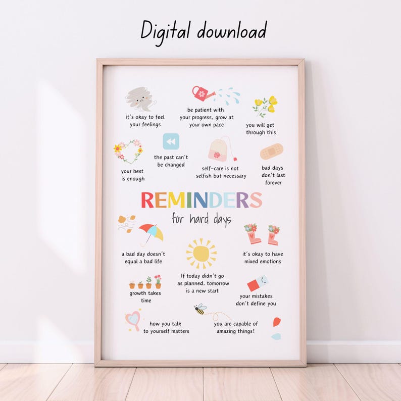 Reminders for Hard Days Poster, Mental Health Print, Growth Mindset ...