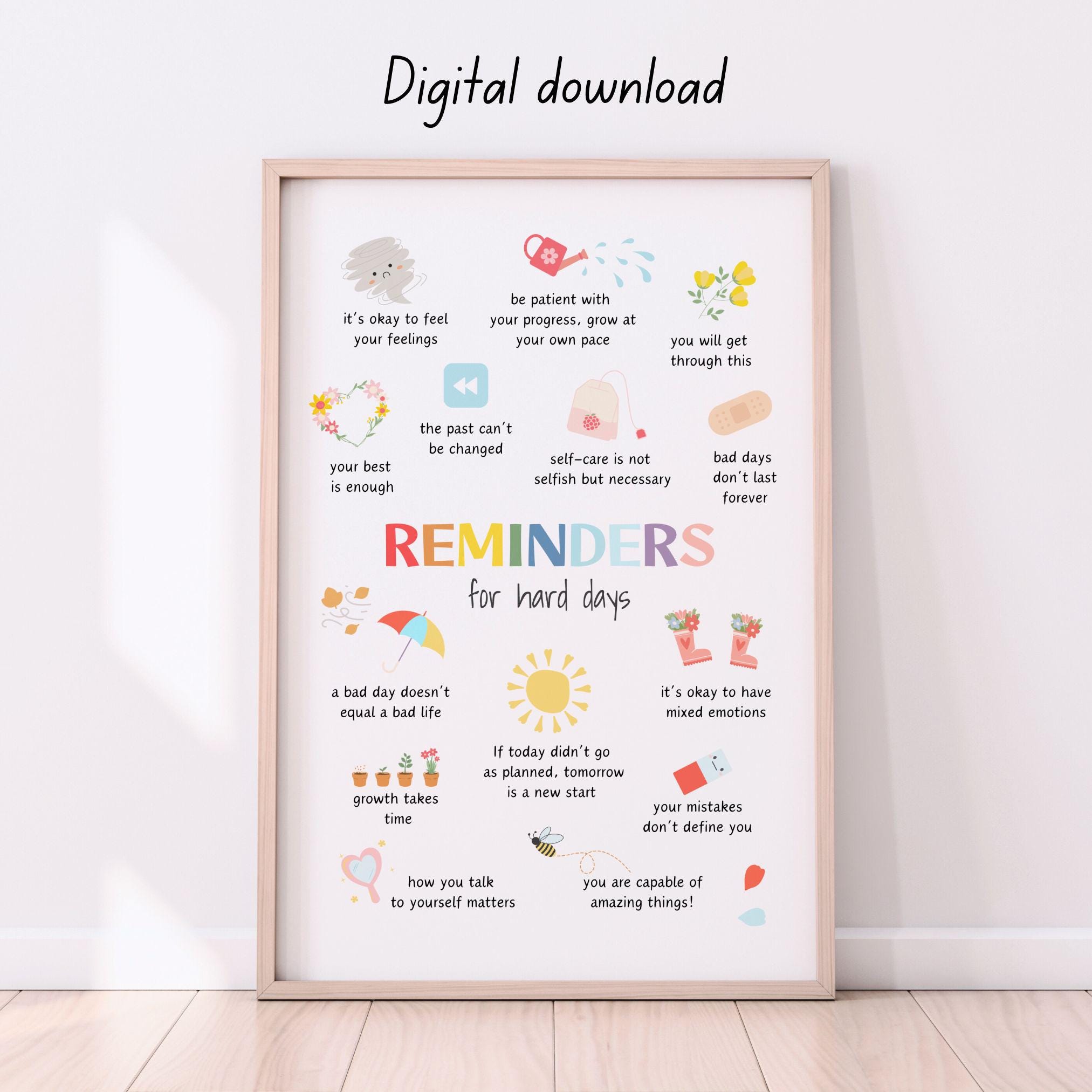 Reminders for Hard Days Poster, Mental Health Print, Growth Mindset ...