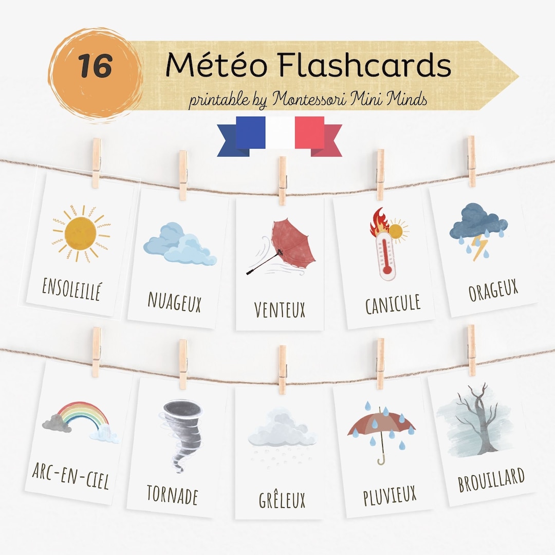 French Weather Vocabulary, 16 Montessori Cards, Weather Flash Cards ...