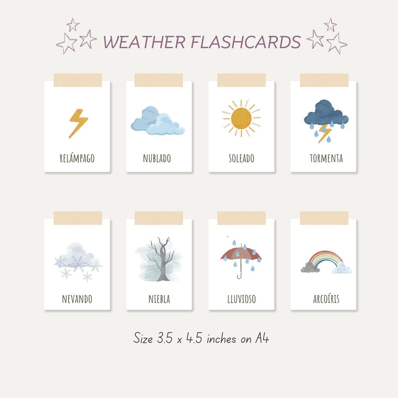Spanish Weather Vocabulary, 16 Montessori Cards, Weather Flash Cards ...